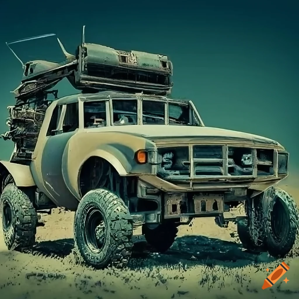 Retro futuristic art deco mad max spike military vehicle forest