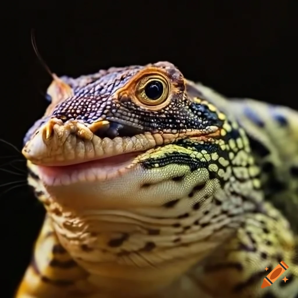 A whimsical amphibious reptilian hybrid with a mixture of cats and ...