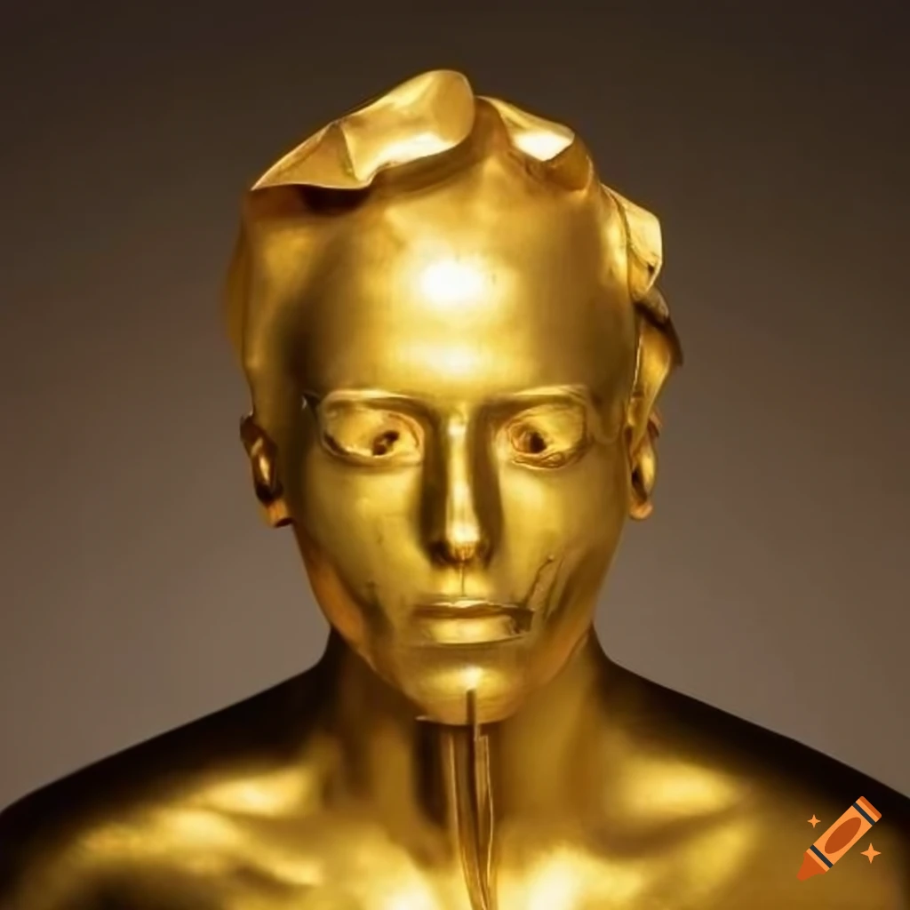 Sculpture of an attractive golden figure made of leaves, reflecting ...