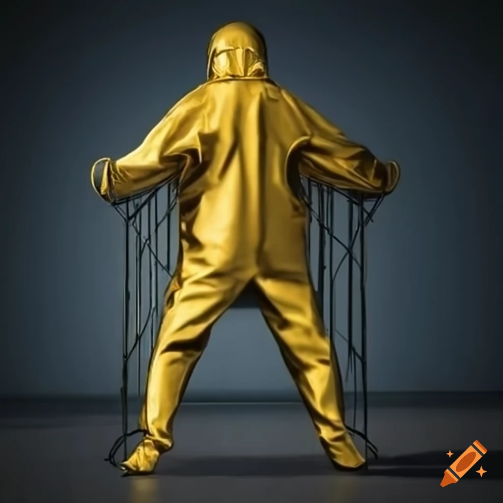 A person wearing a golden suit trapped in a cage