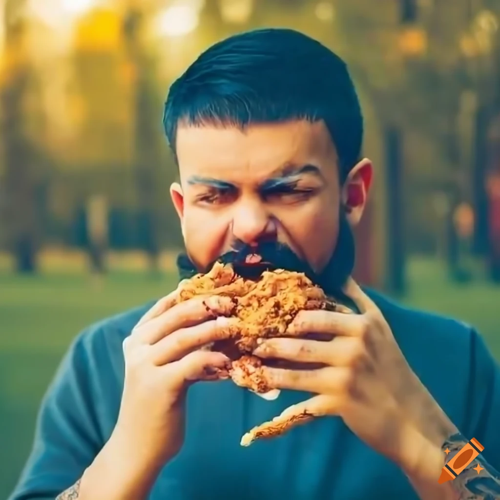 Man with dark hair and beard eating fried chicken in the park on Craiyon