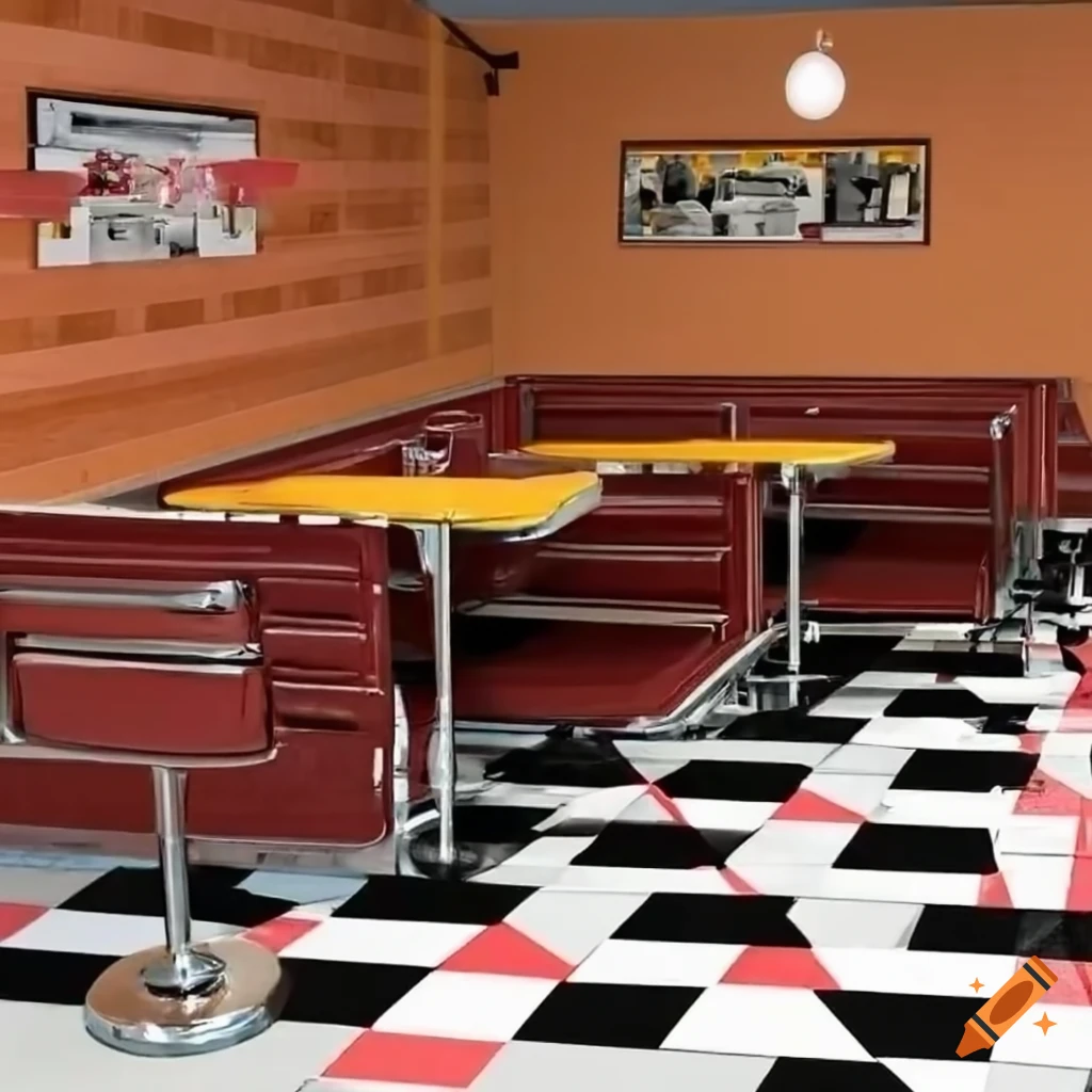 Retro diner with classic checkerboard flooring and brown booths on Craiyon