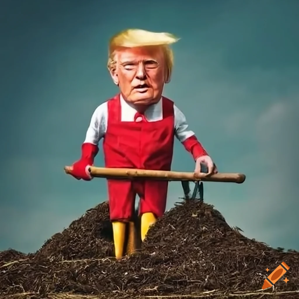 Donald trump dressed as a farmer holding a shovel and standing in front ...