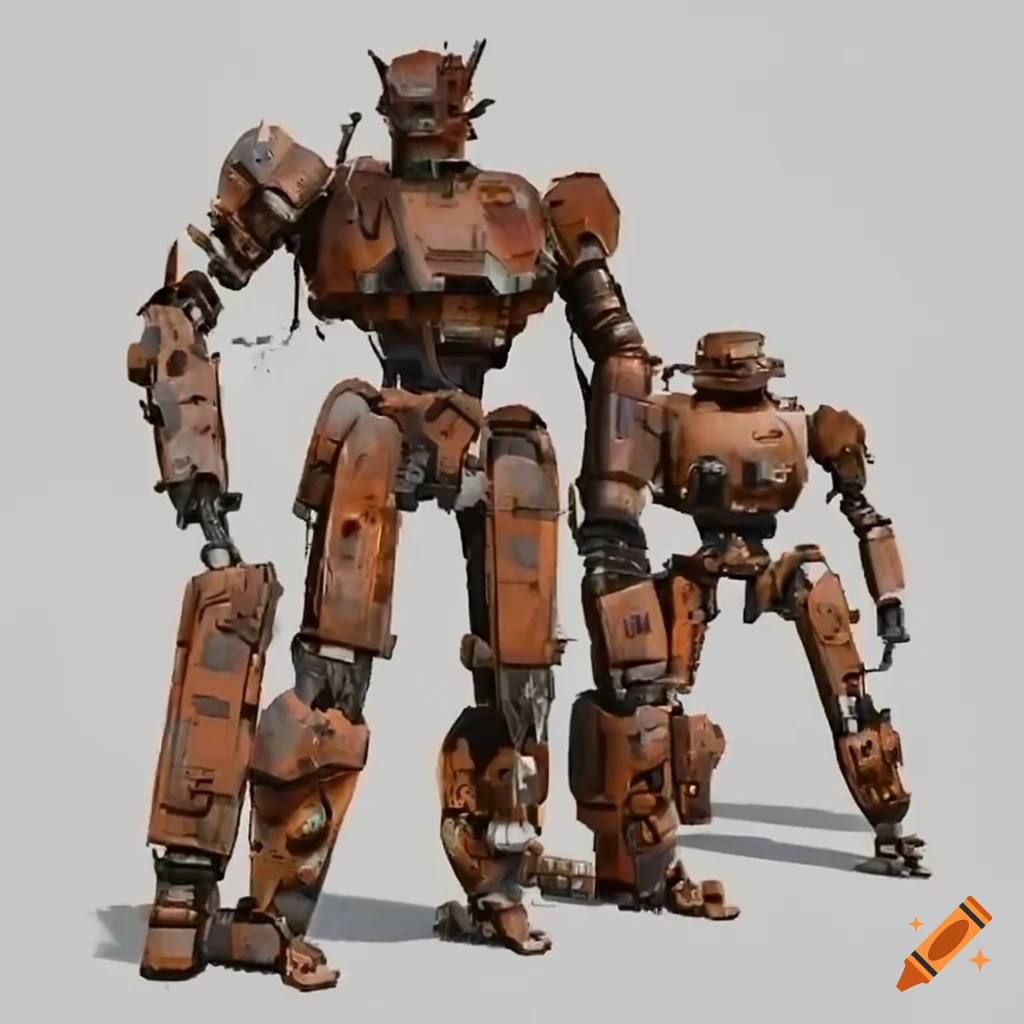 Realistic gigantic rusty mecha in front view