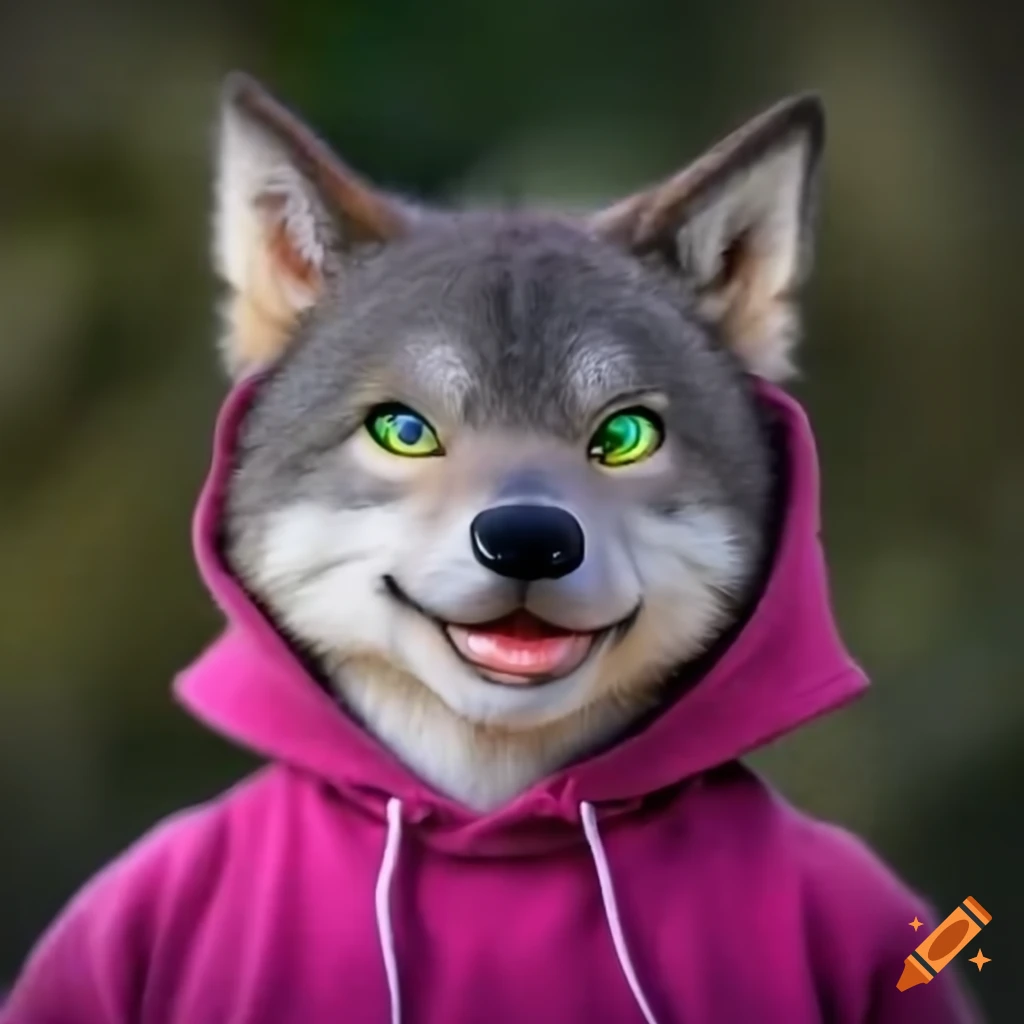 Chubby wolf chibi Wearing a hoodie and smiling on Craiyon