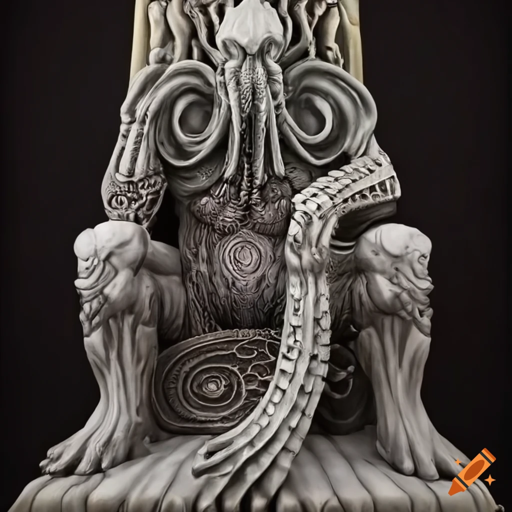 A colossal statue with an egyptian cthulhu-inspired design