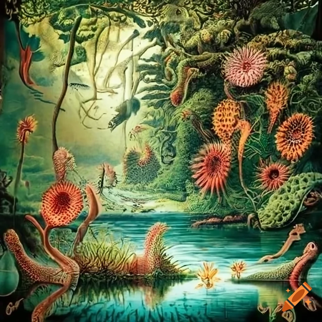 Hans haeckel castel lake jungle painting stream water racines plantes ...