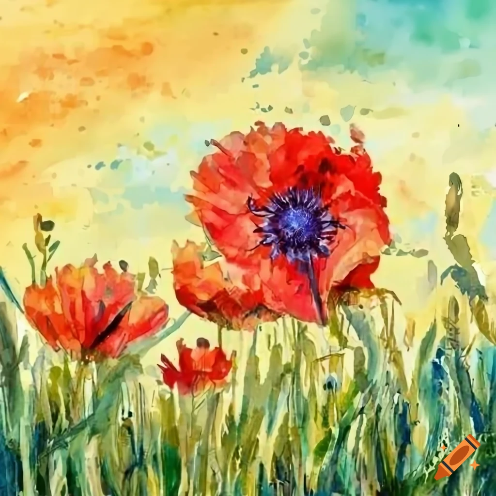 Vivid watercolor, cornflowers, poppies, bright summer landscape ...