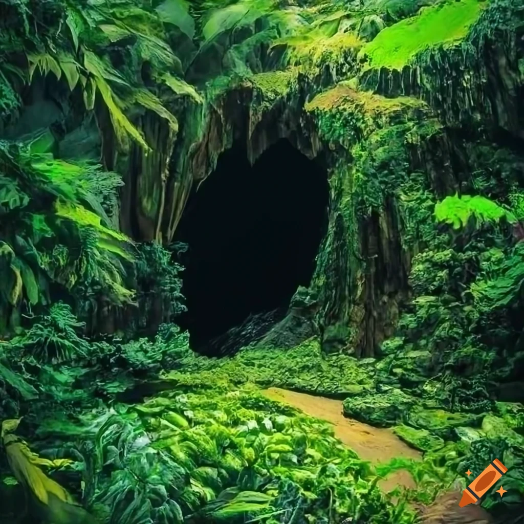 View of a majestic cave entrance surrounded by lush vegetation on Craiyon