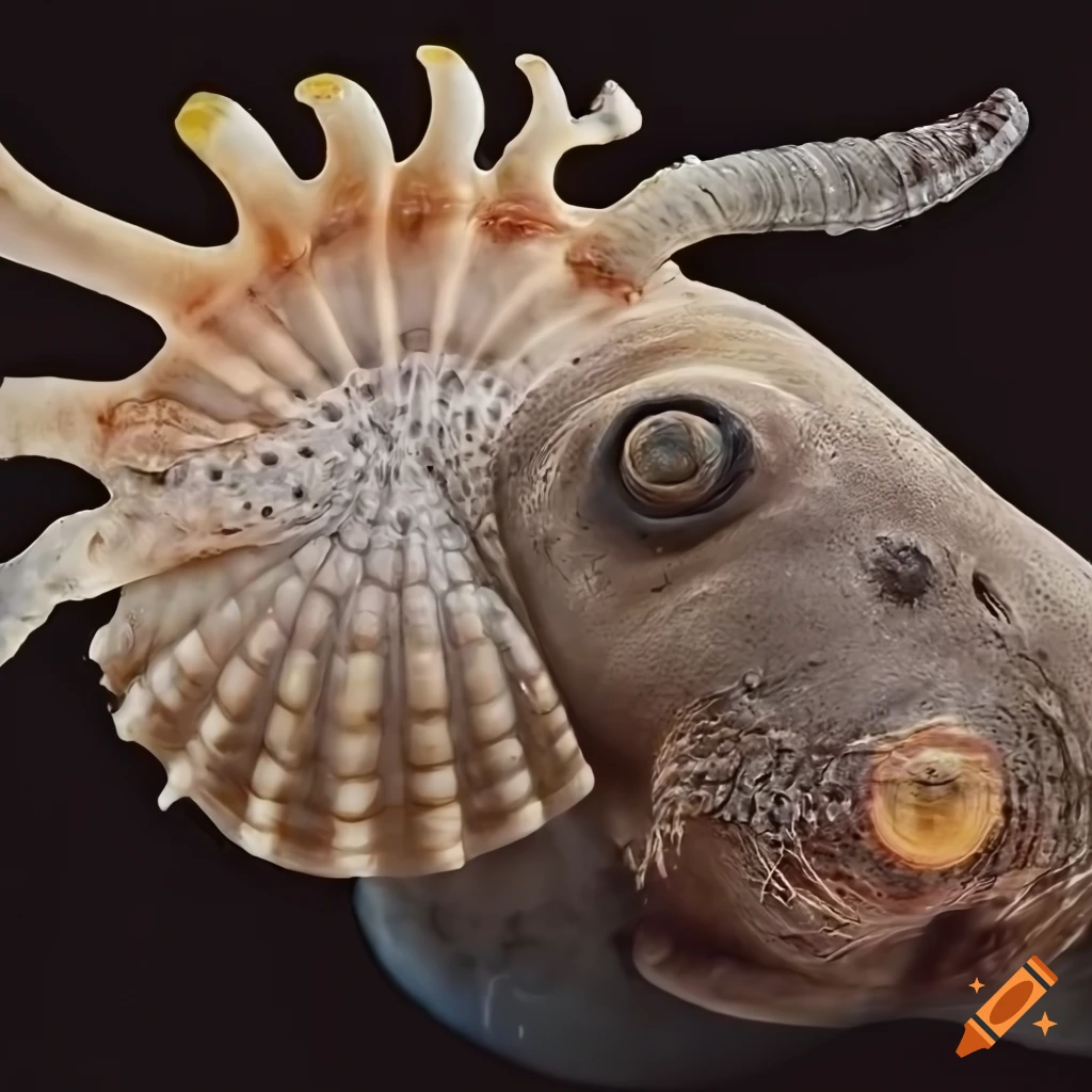A whimsical amphibious hybrid creature with a mixture of features of both elephant-seals and ...