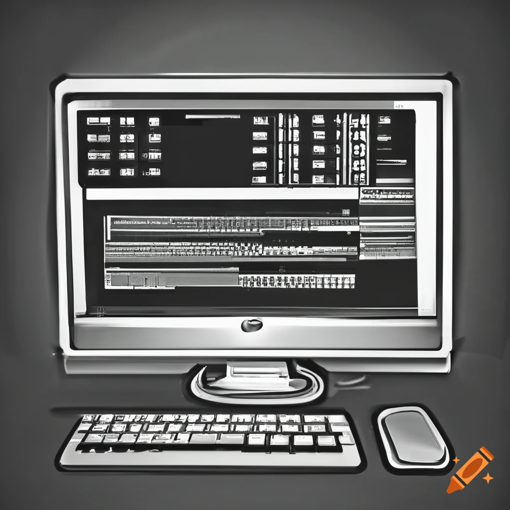 Computer with coding on it, dark room. black and white on Craiyon