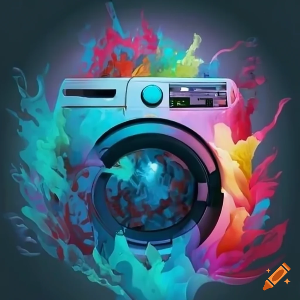 Washing machine with modern design. explosion of colors from inside the ...