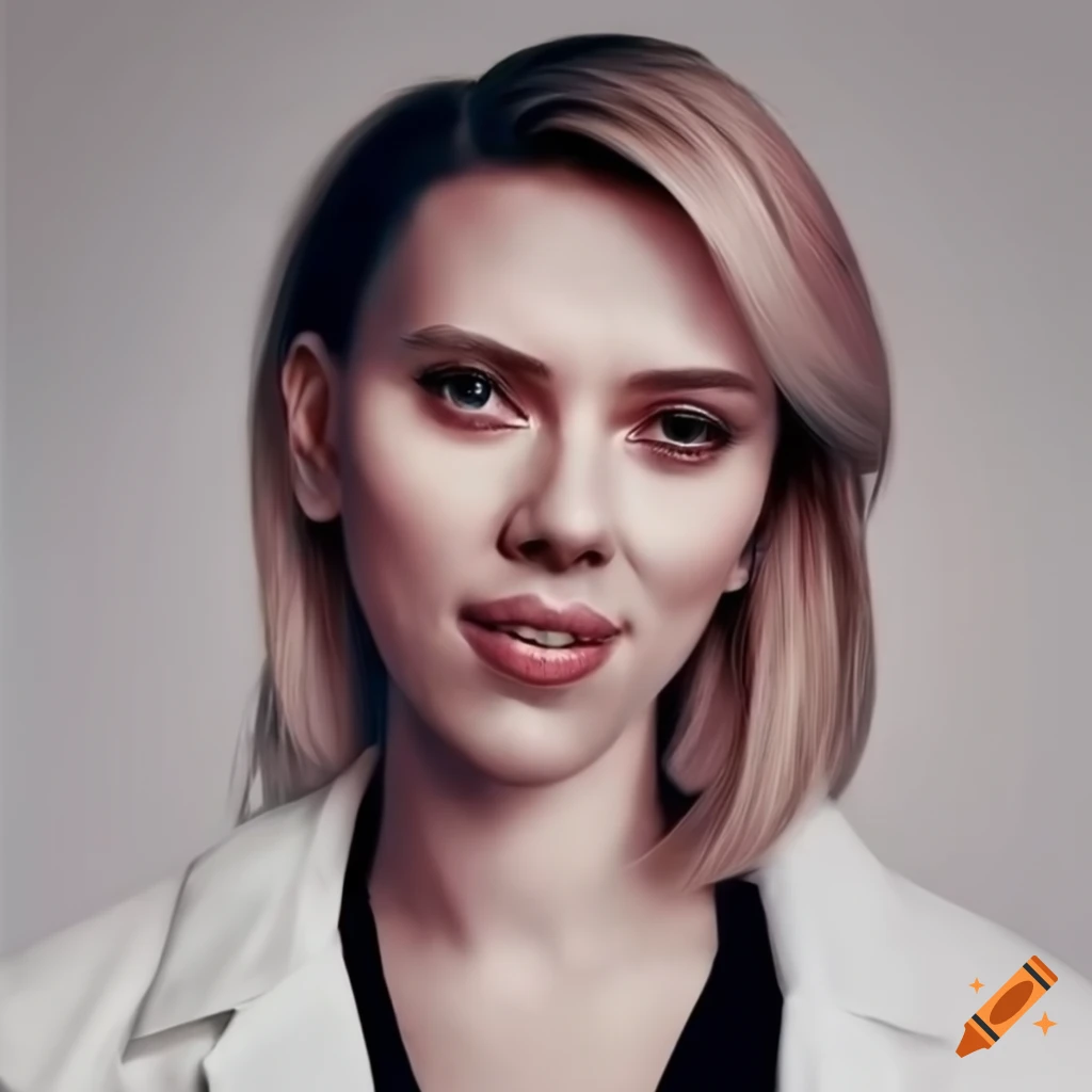 Scarlett johansson with straight black hair, white lab coat, smiling ...