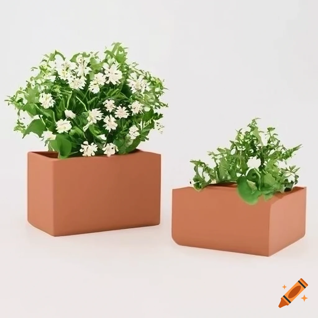 Rectangular clay pot with white flowers isometric view straight edges ...