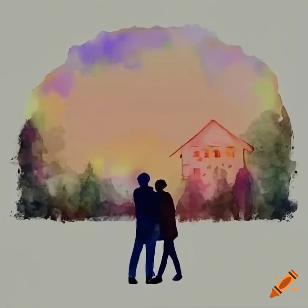 Silhouette of a couple admiring a distant house, minimalistic style