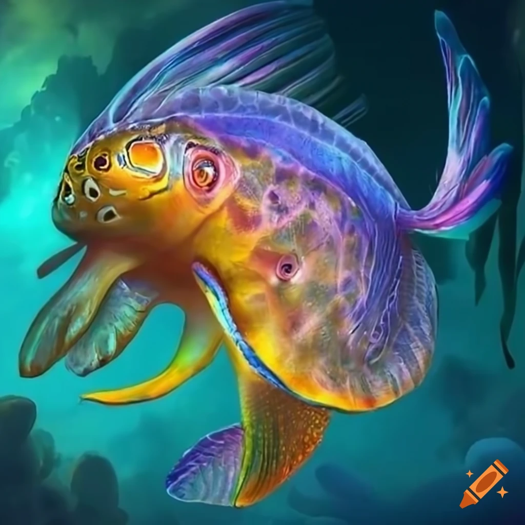 A whimsical hybrid sea creature inspired by both sea turtles and angelfishes. Full body view on ...