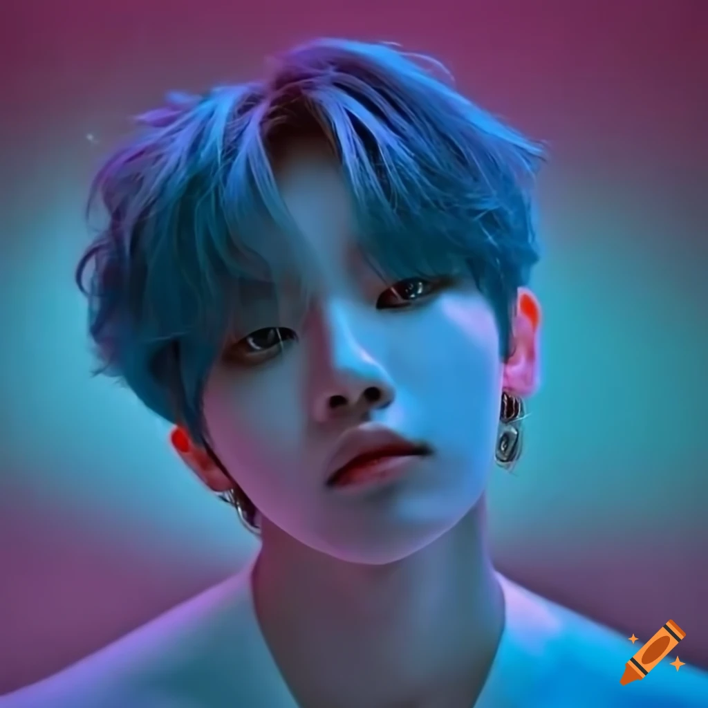 Blue messy mid-length hair male korean idol with expresive eyes in a ...