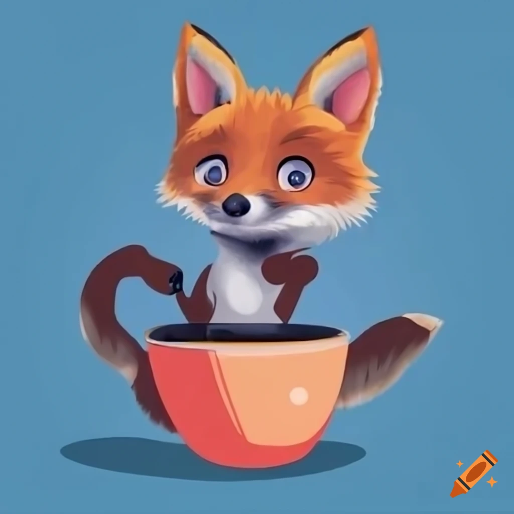 Cute red fox, cup of coffee in paws, blue background on Craiyon