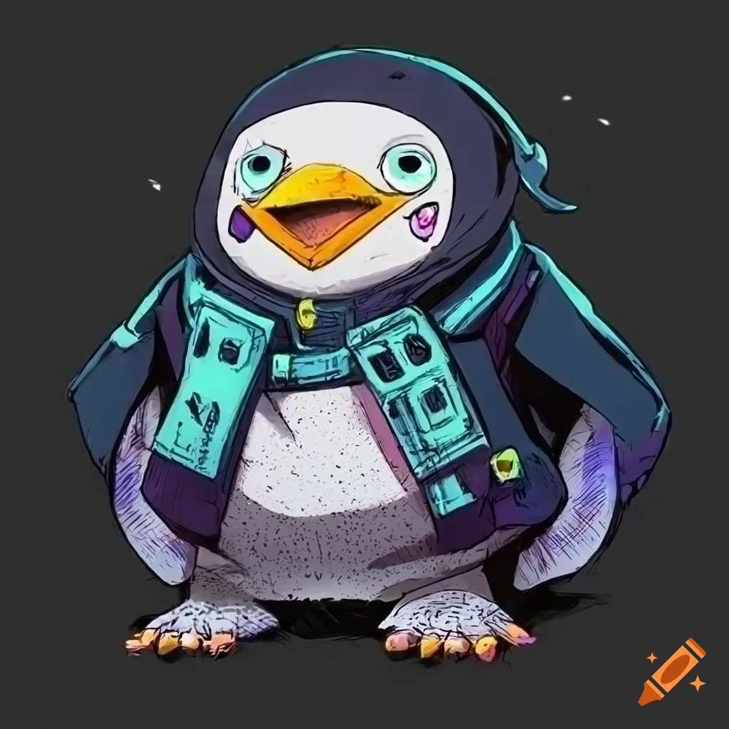 Manga style cyberpunk penguin