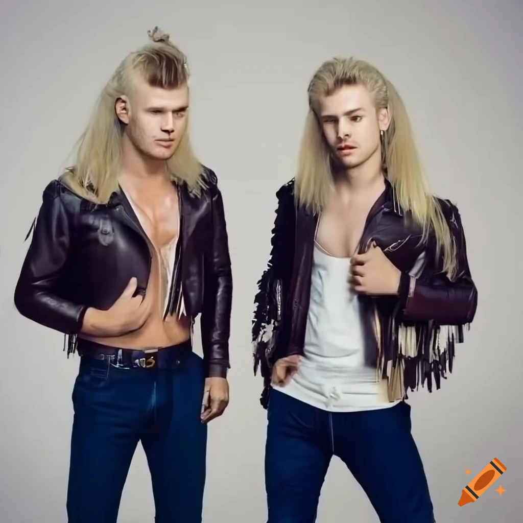 Two stylish men posing in fringed leather jackets sporting blonde ...