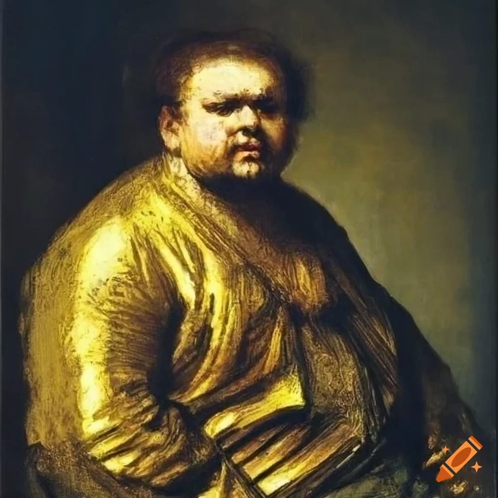 A fat man wearing a golden suit in a cage style von der Weyden ...