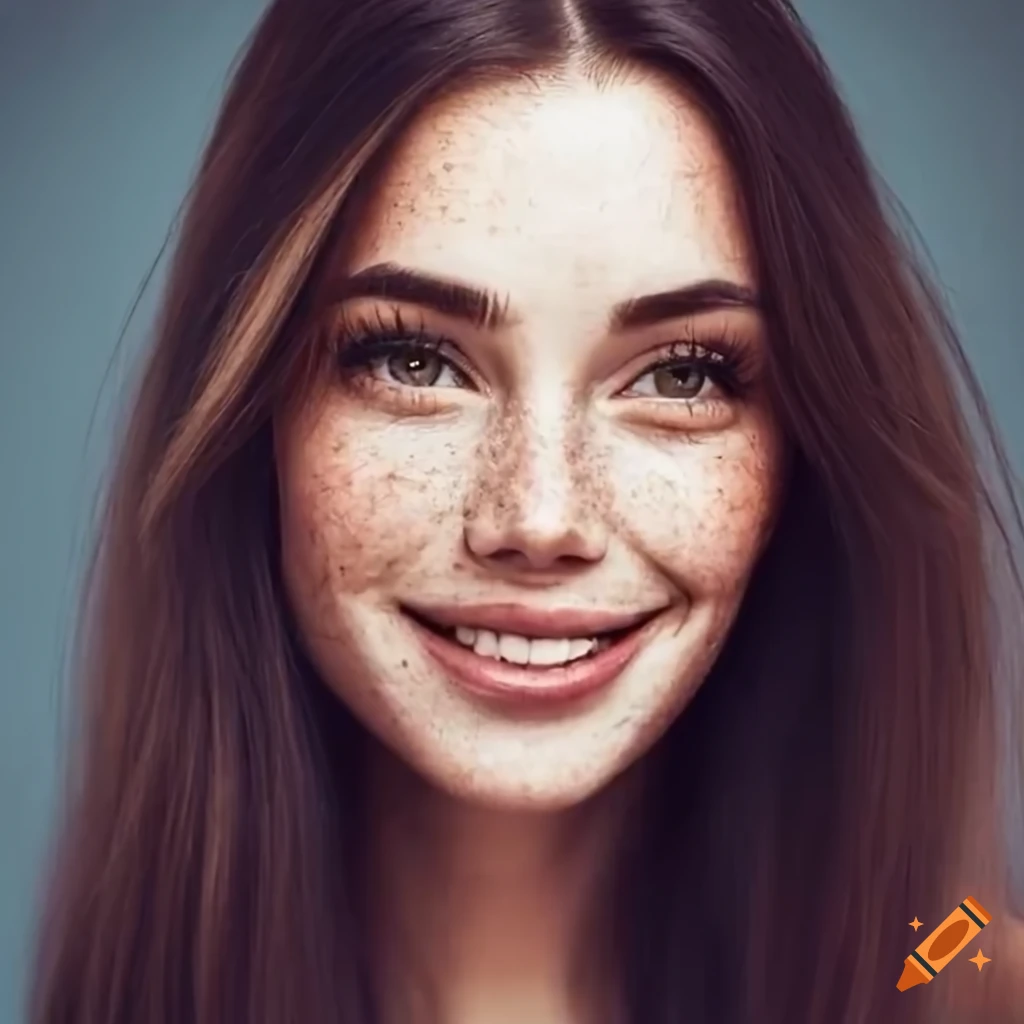 Beautiful young woman delicate freckles cheerful smile dark hair on Craiyon