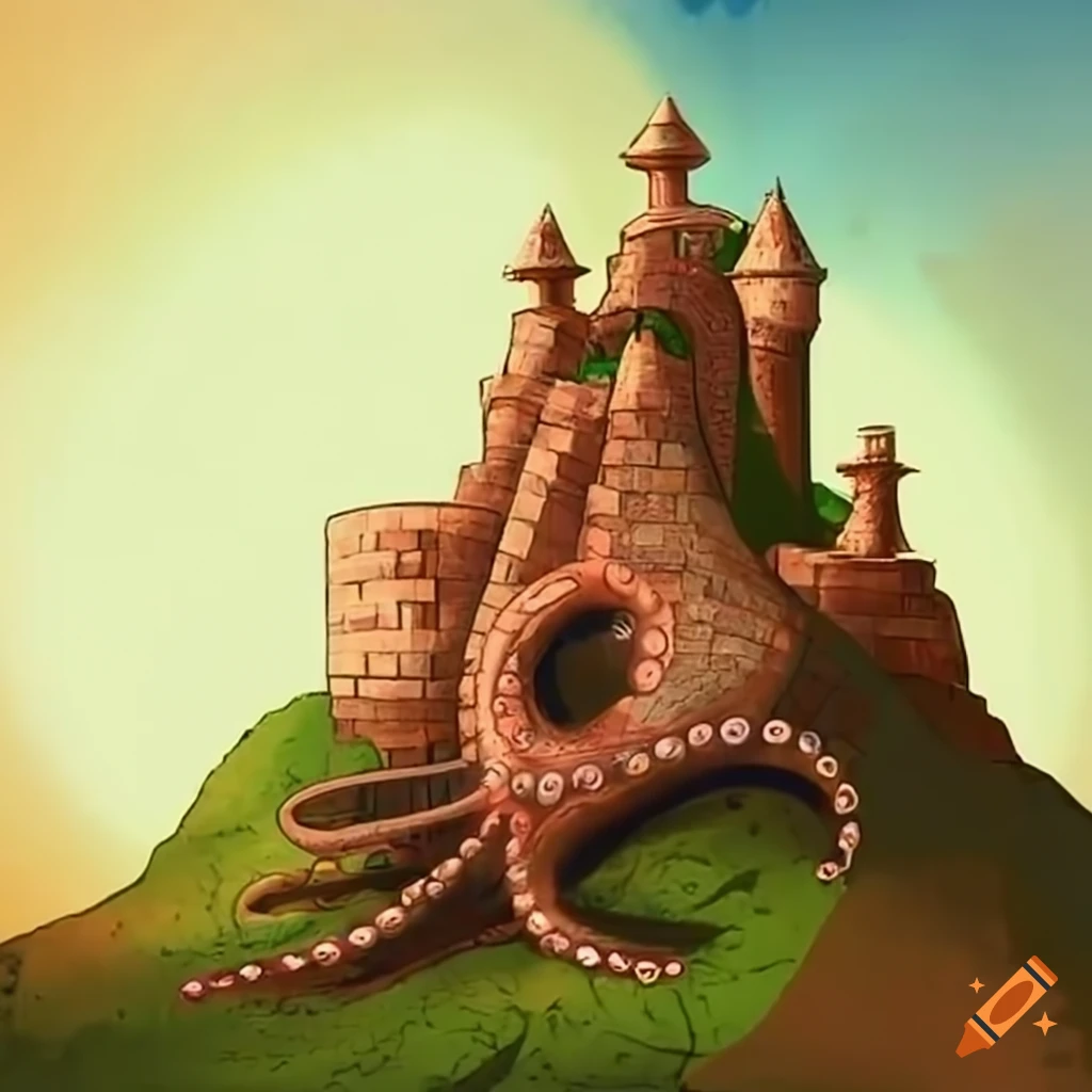 A giant brick and stone castle in the shape of an octopus on a hill on ...