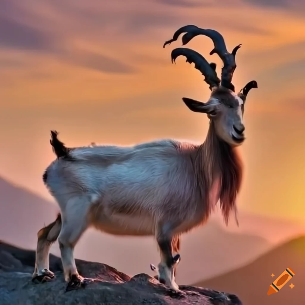 A markhor goat in the mountains at sunset