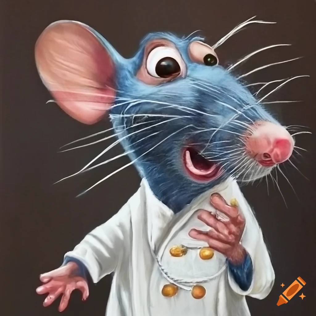 Ratatouille, the skilled chef rat, wearing a white lab coat