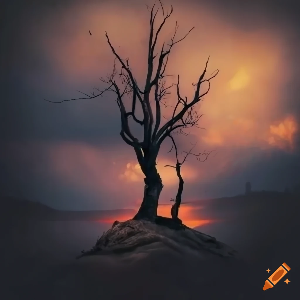 A burned tree in a hill, with desolate ground