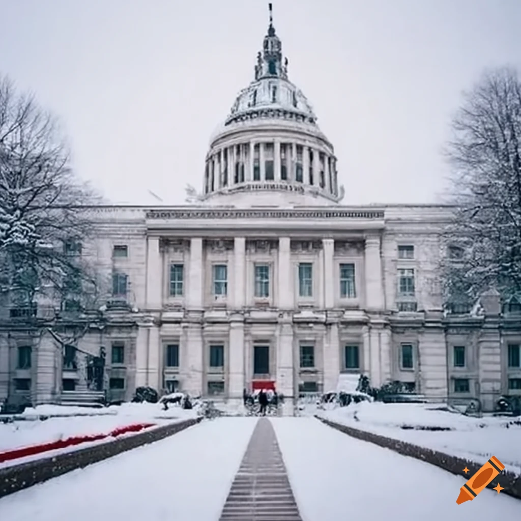 Imposing government building covered with snow