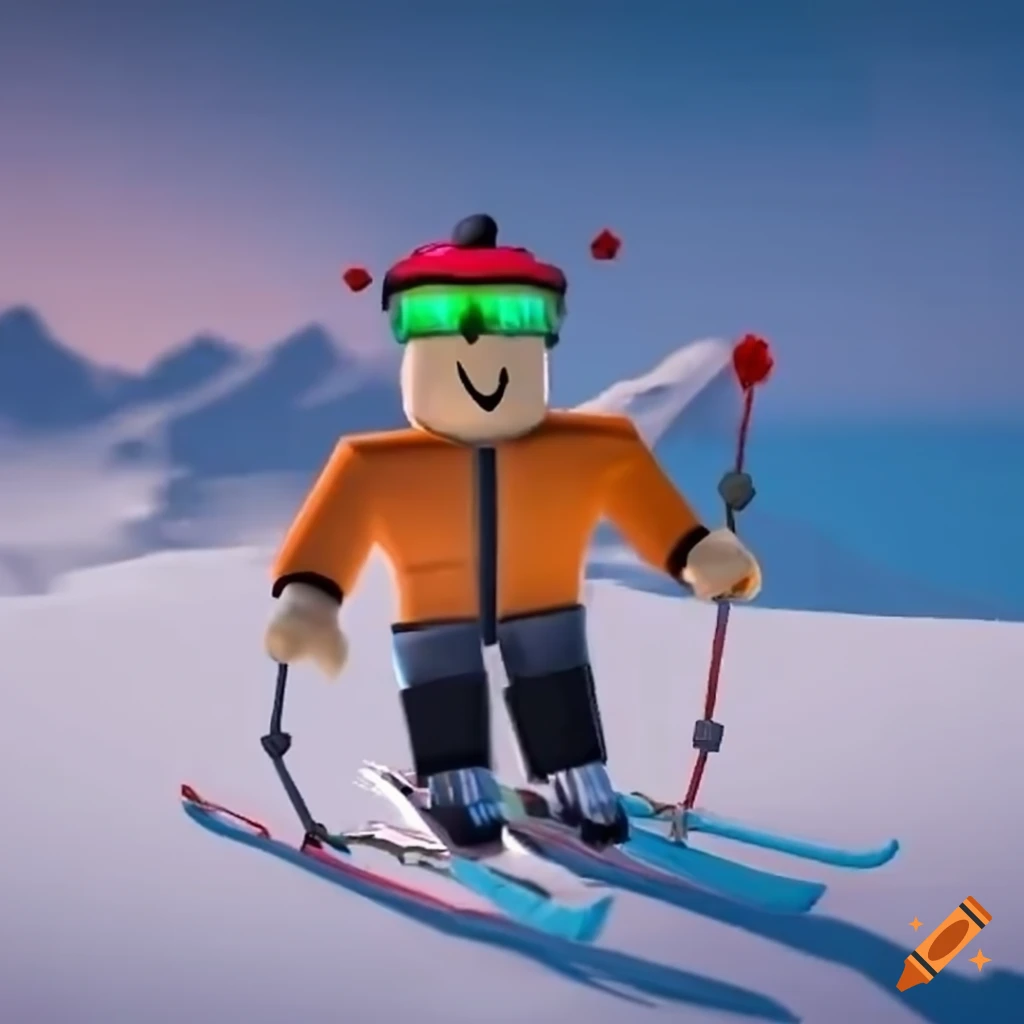 Roblox character with two eyes skiing joyfully down a snowy slope in skis