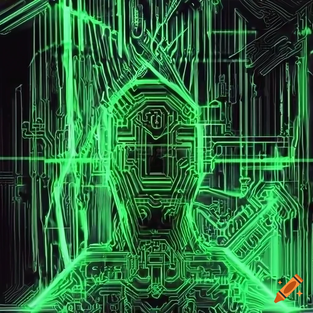 An abstract image of a black void and glowing green wireframes and ...