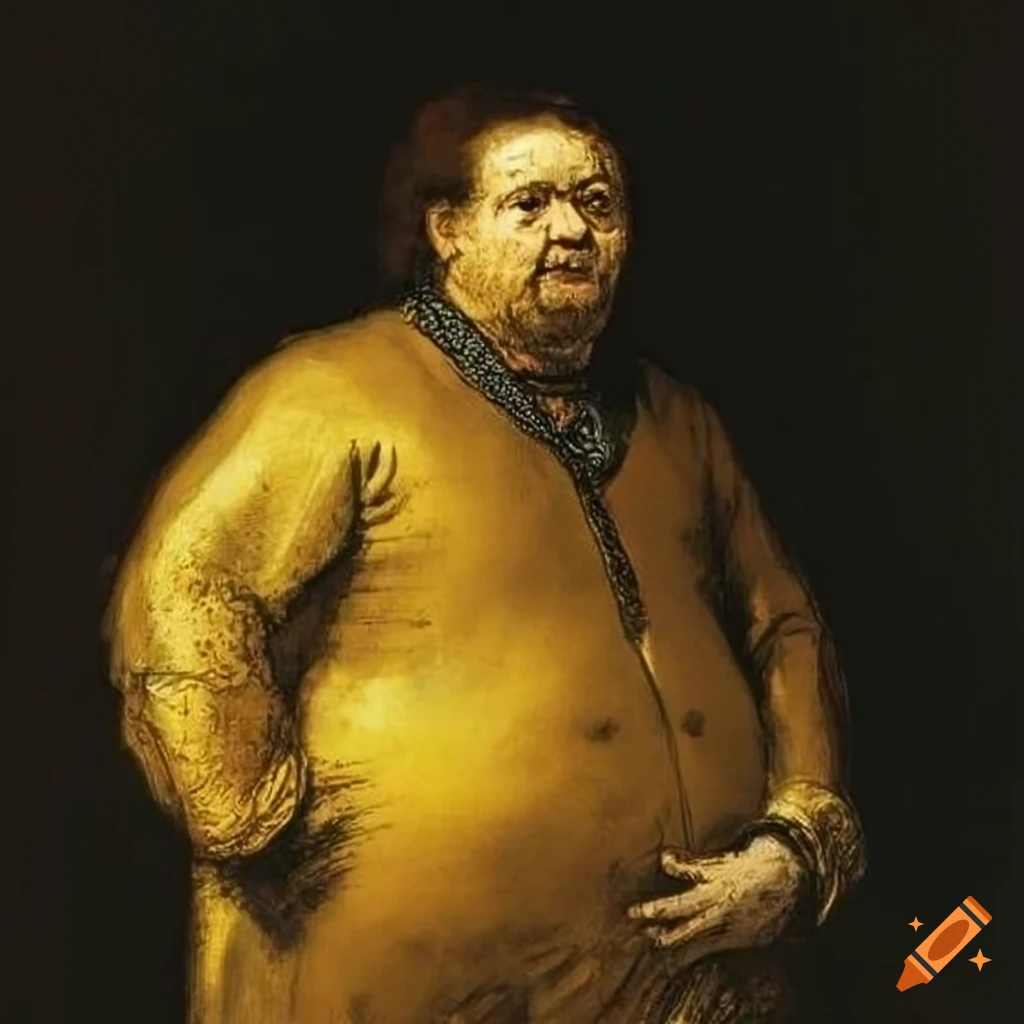 A fat man wearing a golden suit in a cage style von der Weyden ...