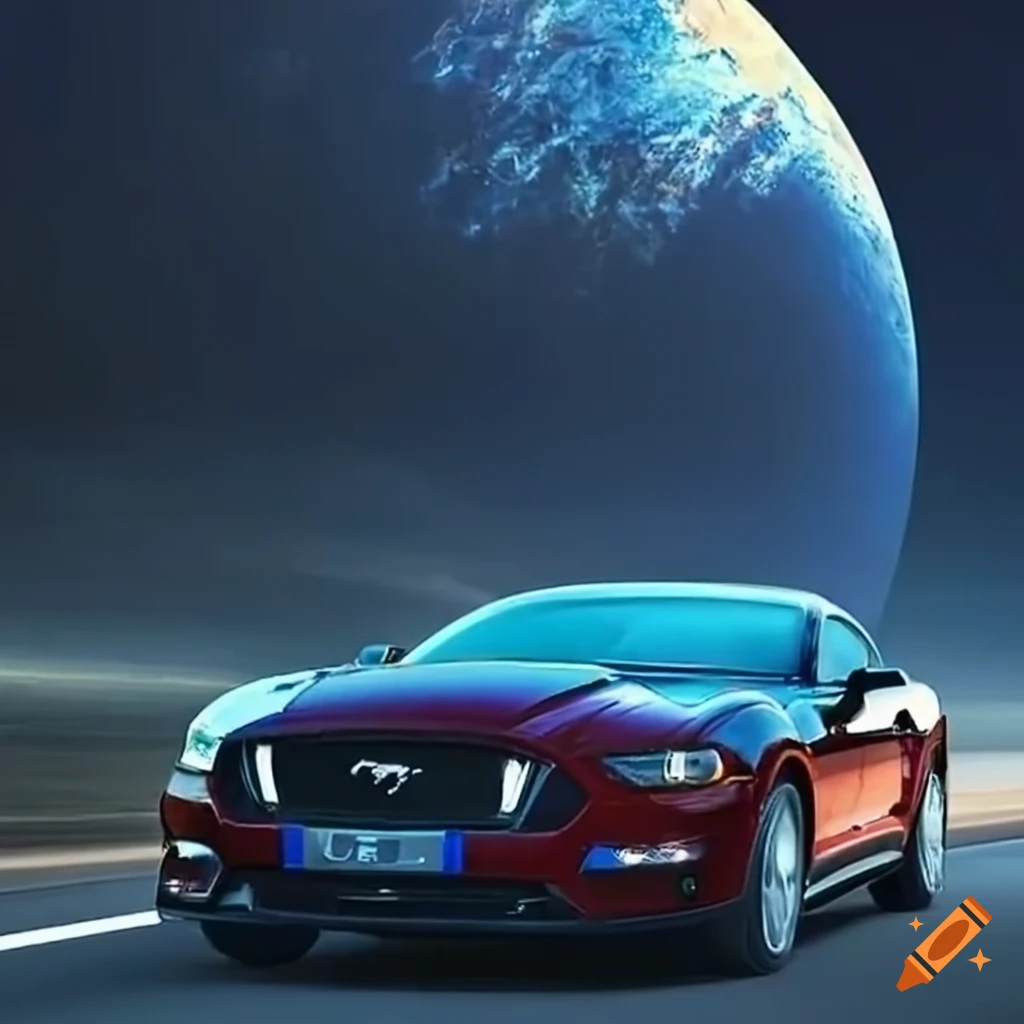 Ford mustang driving on a space highway to saturn on Craiyon