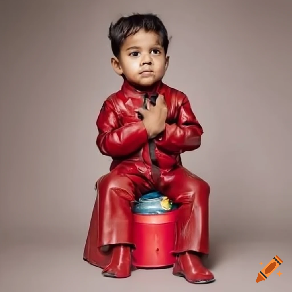 Indian toddler boy in red leather suit sitting on his small potty