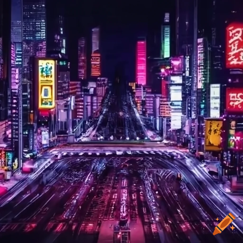 A futuristic city that blends tokyo and san francisco. with neon lights