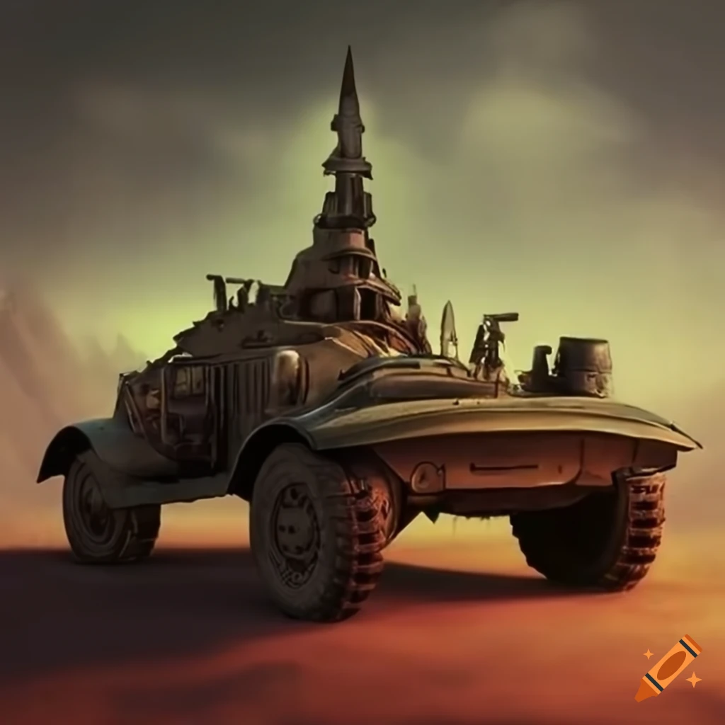 1950 retro futuristic art deco mad max spike military vehicle forest