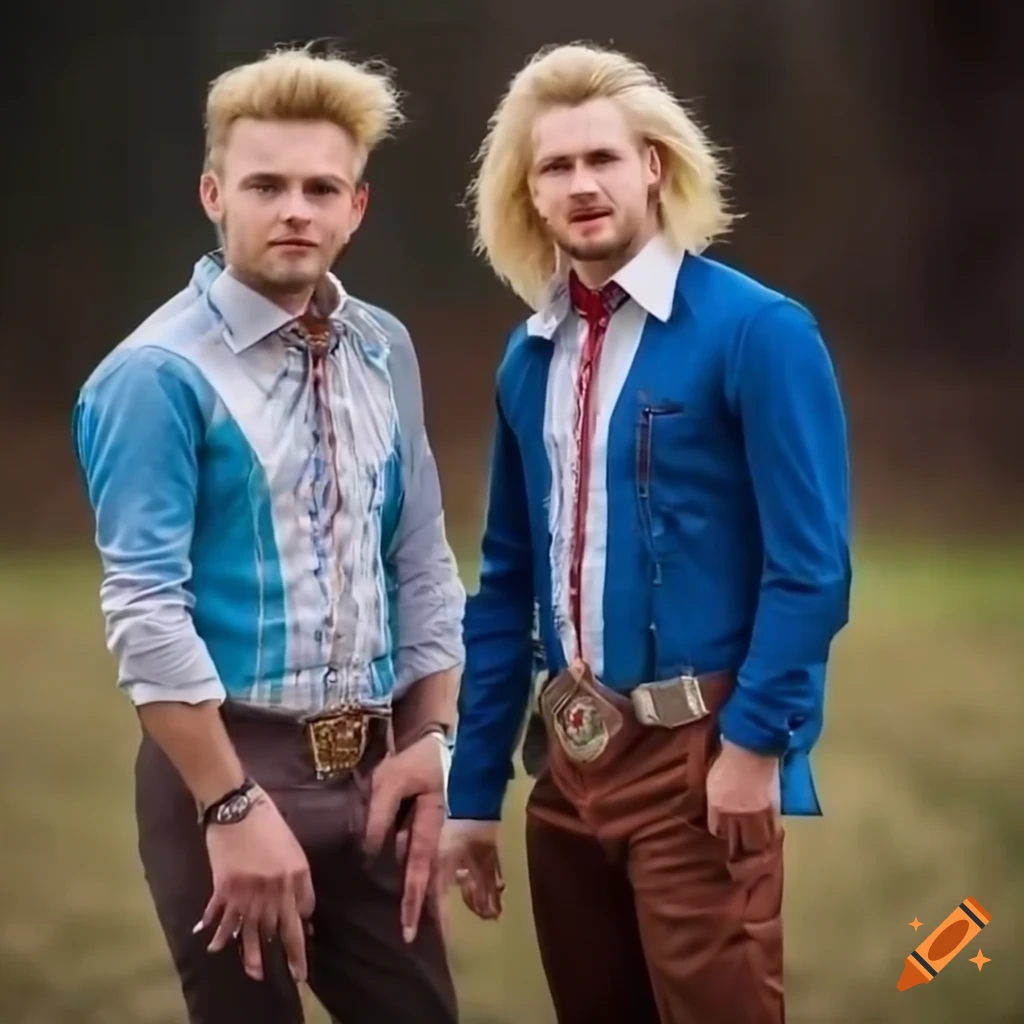 Two stylish men with blonde hair in western attire close to eachother ...