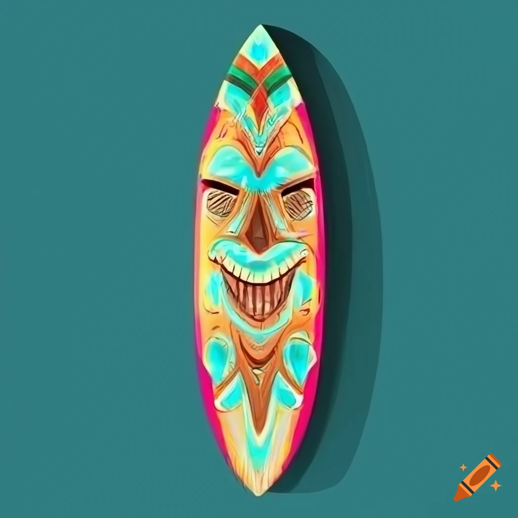 Horizontal tiki surfboard in the style of digital art