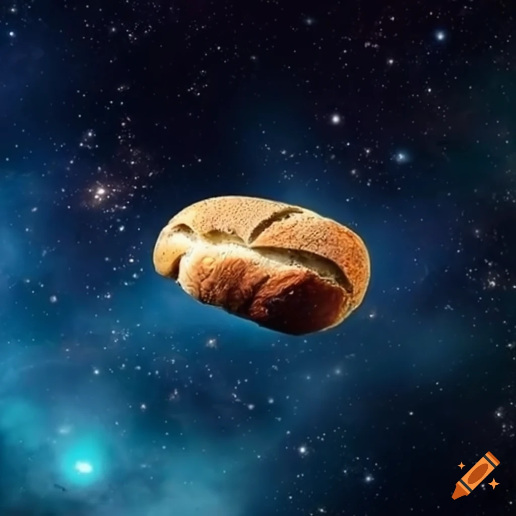 A surreal image of a loaf of bread floating in outer space on Craiyon