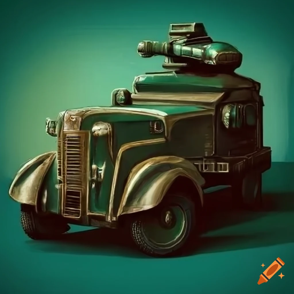 1950 retro futuristic art deco fallout raider military vehicle forest ...