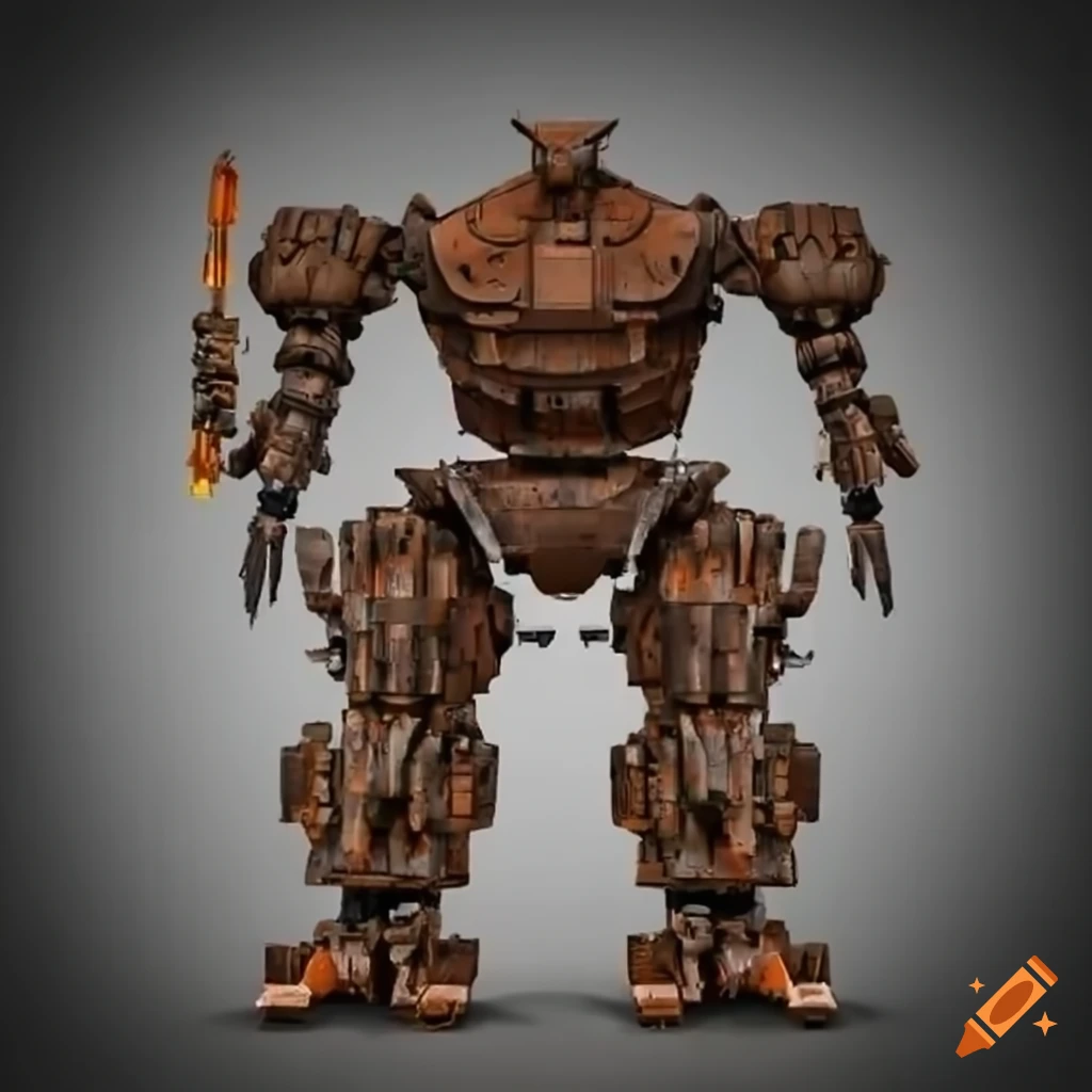 Realistic gigantic rusty mecha in front view
