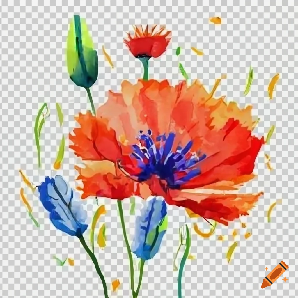 Vivid watercolor, cornflowers, poppies, bright summer landscape ...
