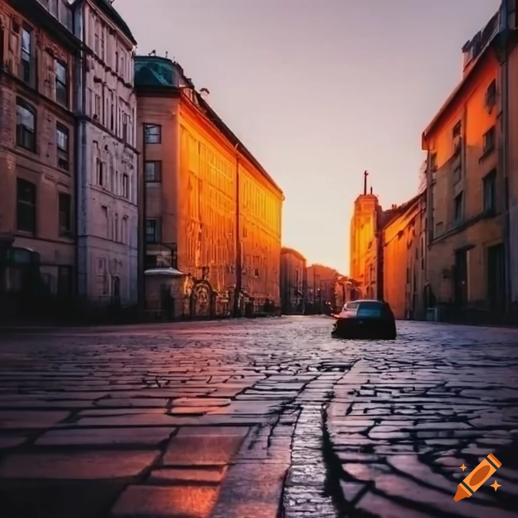 Photo a beautiful street of the city, during sunset, with a beautiful ...
