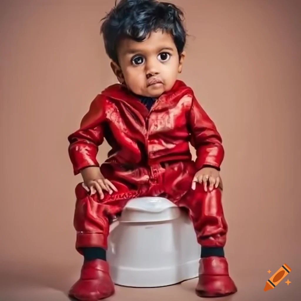 Indian toddler boy in red leather suit sitting on his small potty on ...