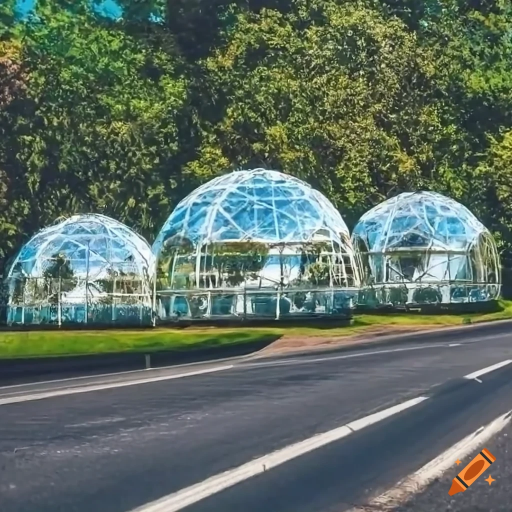 Row of small trees growing in innovative glass domes alongside a road. sunny day. 3 meters ...