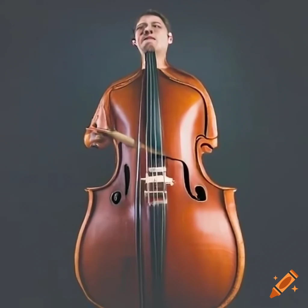 A duck musician playing the double bass with joyful expression on Craiyon