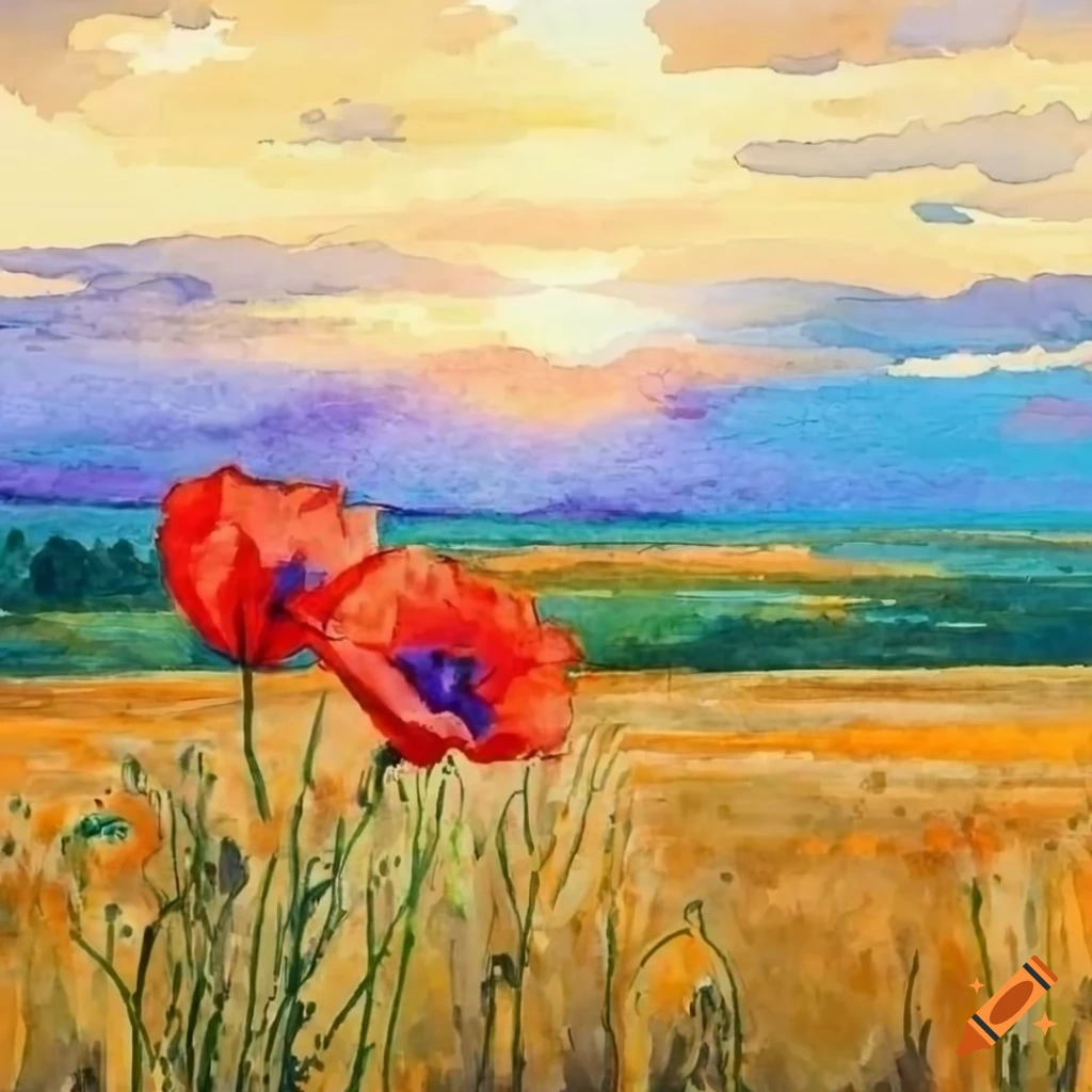 Vivid watercolor, cornflowers, poppies, bright summer landscape ...
