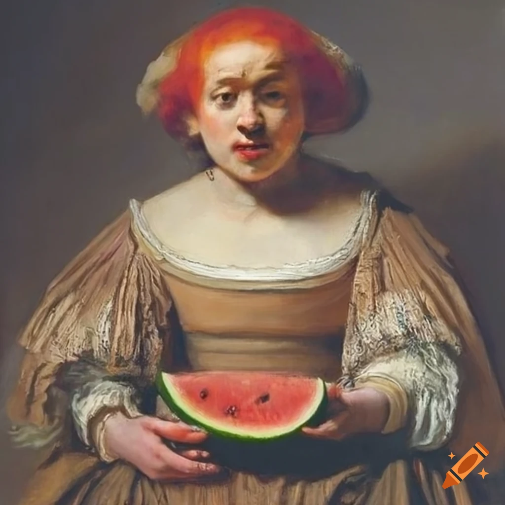 Rembrandt painting of a red headed woman eating watermelon